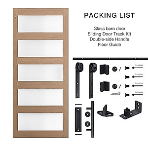 COSHOMER 36in x 84in 5-Panel Sliding Glass Barn Door with 6.6ft Hardware Kit Included, Easy Assembly with Pre-Drilled Holes, Waterproof, Frosted Glass - Fit Max Opening 34in x 82in, Natural Walnut