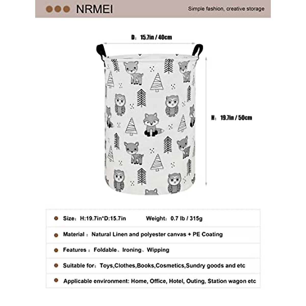 NRMEI Round Storage Basket Laundry Foldable Waterproof Coating Nursery Hamper for Living Room Bedroom and Clothes Toys(Round Pine Animal), 19.7 In H x 15.7 D inches, inches