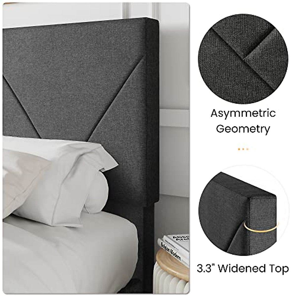 SHA CERLIN King Size Upholstered Bed Frame with Geometric Headboard, Heavy-Duty Platform Bed Frame with Wood Slats Support, Mattress Foundation, No Box Spring Needed, Easy Assembly, Dark Grey