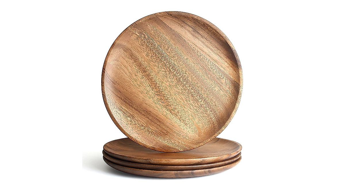 Elegant IQCWOOD Acacia Wooden Dinner Plates Set of 4