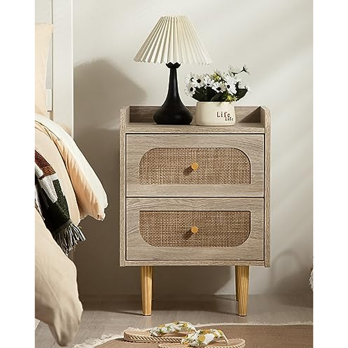 Rattan Nightstand Set of 2 with Drawers - Boho Bedside Table with Storage - Night Stand with Solid Wood Feet - Small Side Table End Table for Bedroom