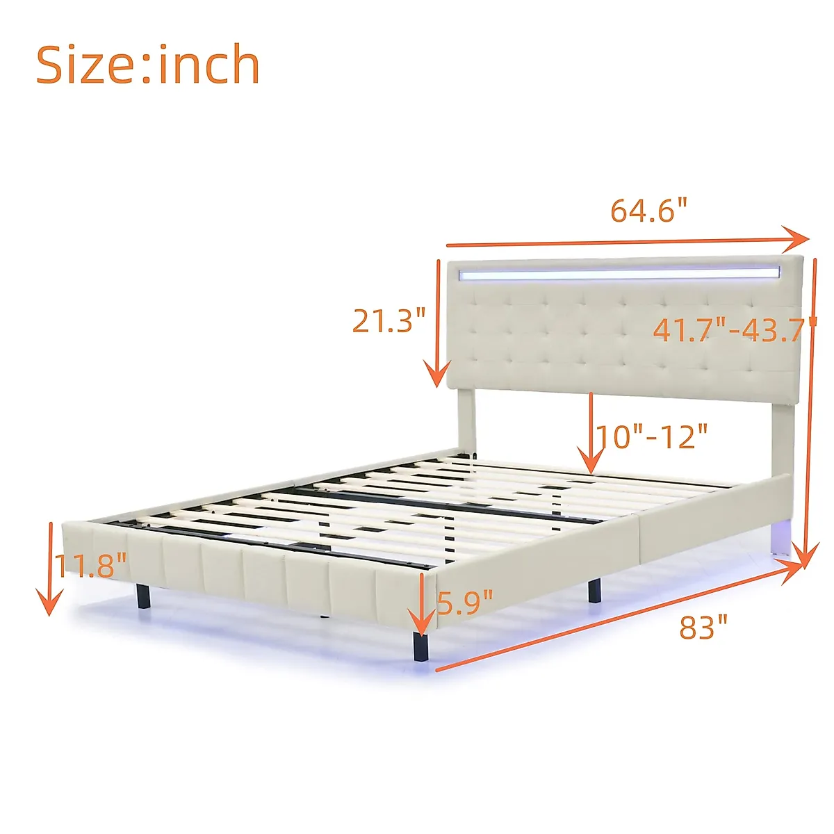 BIADNBZ Queen Size Floating Bed with LED Lights and USB Charging,Modern PU Leather Upholstered Low Platform Bedframe with Headboard for Bedroom Guest Room,Wooden Slat Support,Beige