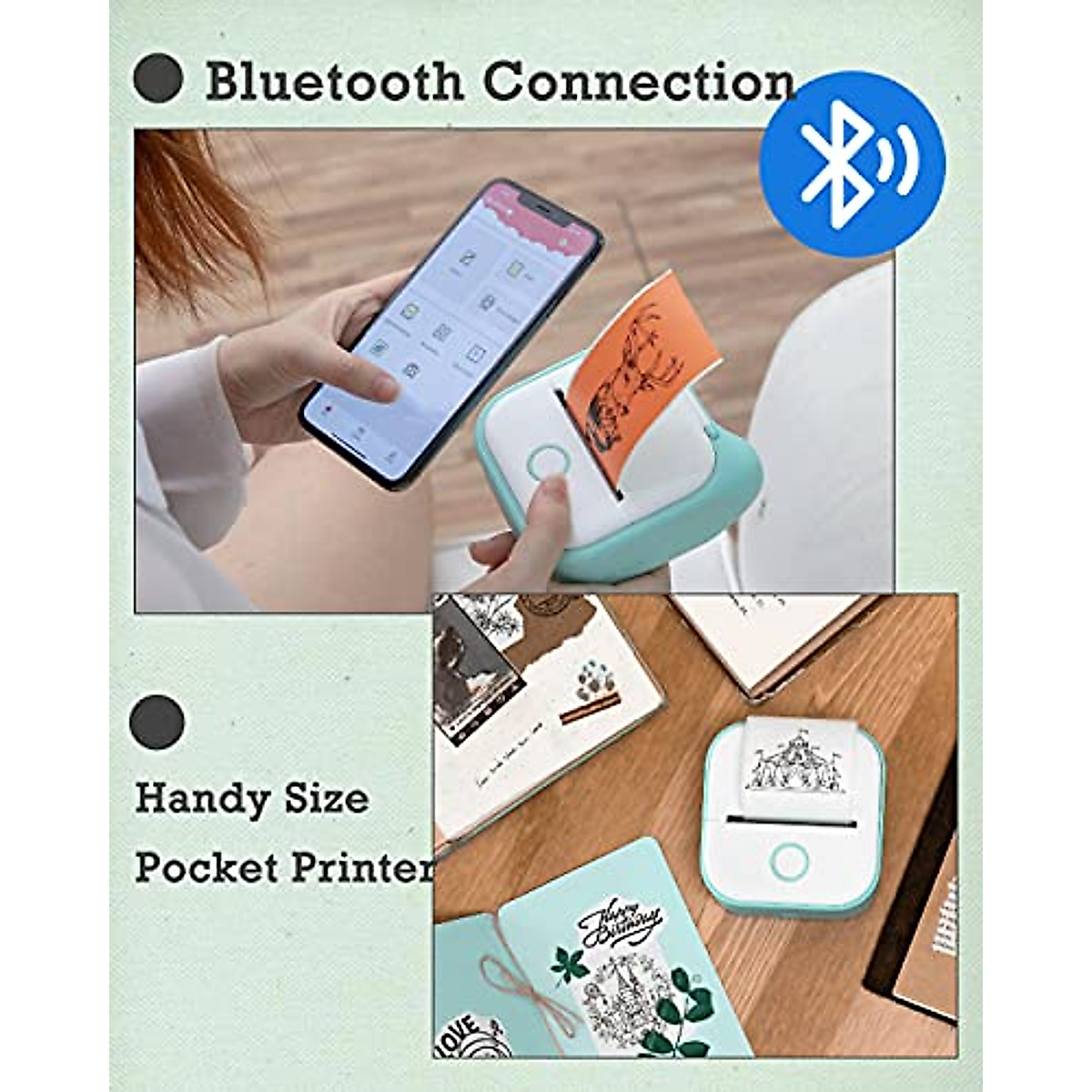Memoqueen Pocket Sticker Printer T02 Thermal Photo Printer, Sticker Maker Machine for Photos, Diaries, Memos, Study Notes, Work Plans,Wireless Receipt Printer Compatible with iOS & Android, Green