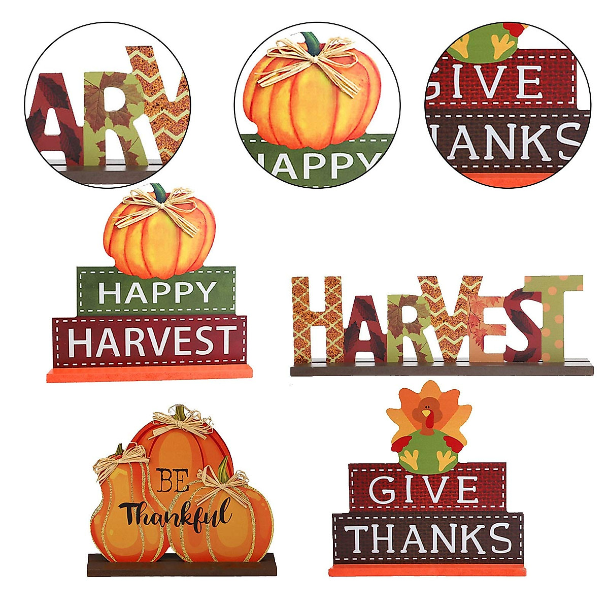 MorTime 4 Pack Thanksgiving Themed Table Centerpiece Signs, Wood Pumpkin Table Decor Harvest Autumn Glittery Pumpkins Table Topper for Home Office Thanksgiving Decorations
