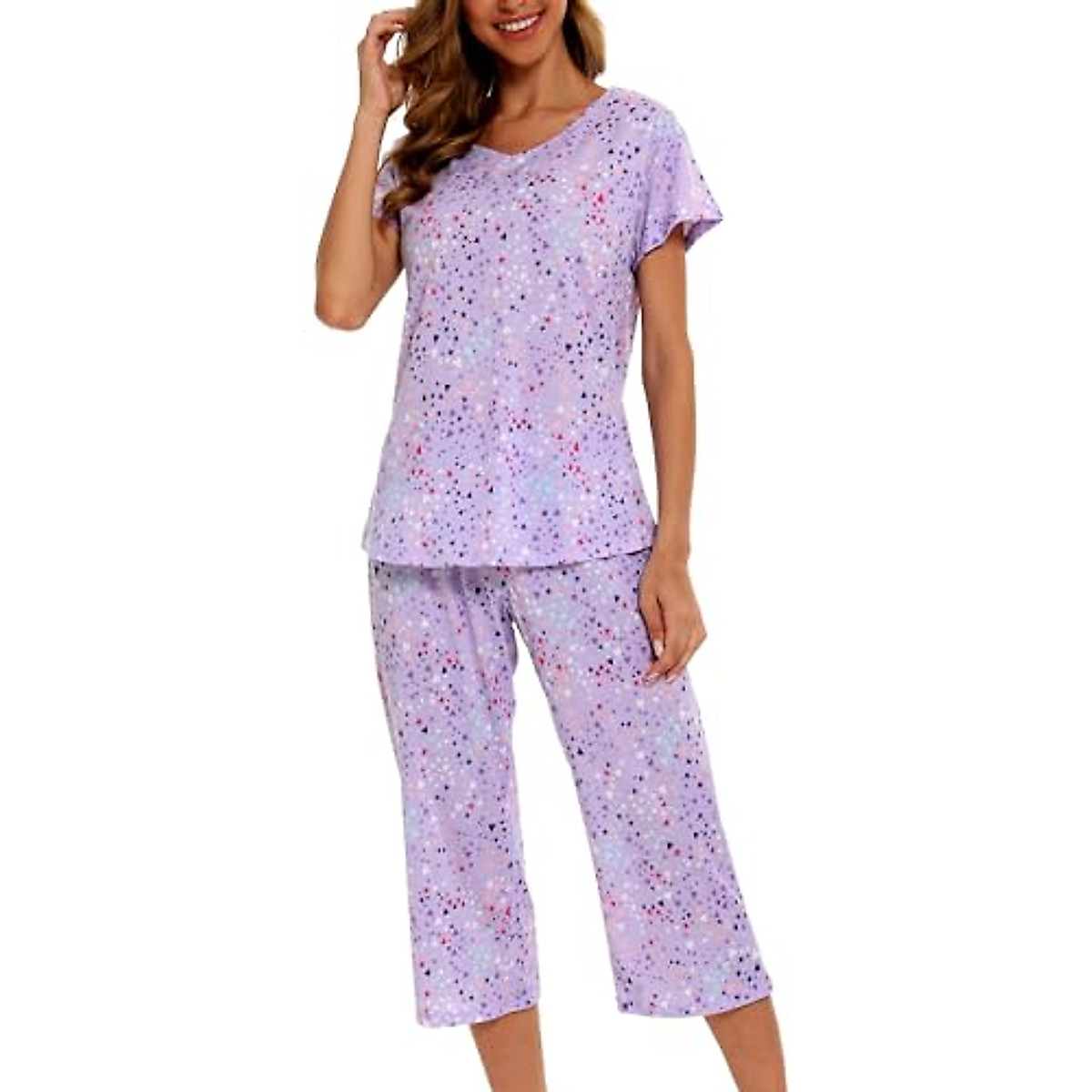 ENJOYNIGHT Women's Cute Sleepwear Tops with Capri Pants Pajama Sets Cotton Pj Set for Women(2X-Large,PU) Purple