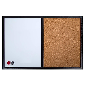 DESK TECH Small Half Cork Bulleting Board Half Dry Erase White Board Combo with Pinewood Wooden Frame (Wooden Half Cork Half Black Board)