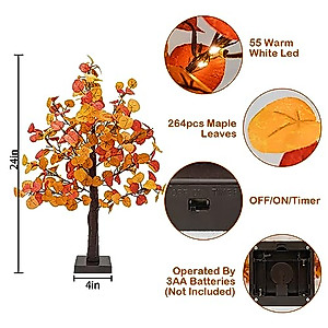 Agusbagli 24 Inch Artificial Fall Lighted Eucalyptus Tree Decor, 55 LED Battery Operated Fall Light Up Tabletop Tree with Timer for Indoor Home Wedding Harvest Fall Autumn Thanksgiving Decorations