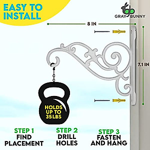 Gray Bunny Outdoor Plant Hanger Hook, 8” Large Victorian Heavy Duty Iron Wall Hooks for Bird Feeders, Lanterns, Wind Chimes, Patio Decor - White