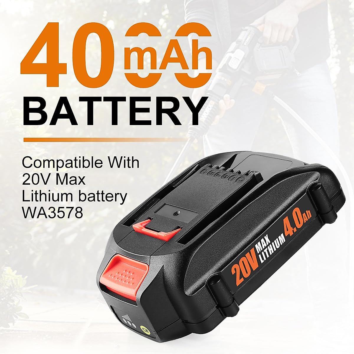 Ahomtikk 2 Packs 20V 4.0Ah Lithium Battery Replacement for Worx 20 Volt Batteries WA3525 WA3578 WA3575 WA3520 Compatible with Worx 20V Cordless Power Tools Battery Charger