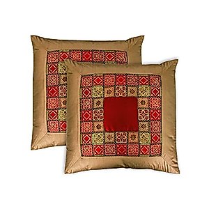 Craftbot Decorative Throw Pillow Covers - Maroon & Gold Brocade Toss Pillows - 20x20 Inches - Set of 2 Indian Accent Pillows - No Insert
