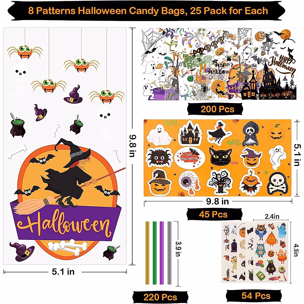 Halloween Candy Bags Treats Bags, 200 PCS Halloween Cellophane Bags for Kids Treat or Trick Party Supplies, 8 Styles Halloween Goodies Bags Gift Bags with Tattoo Stickers for Halloween Party Favors