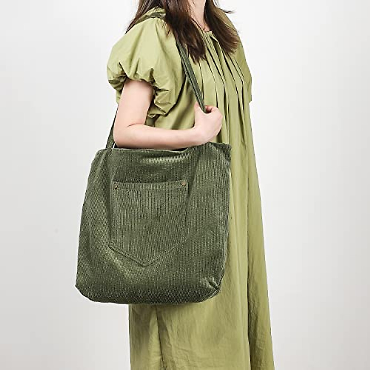 Etercycle Corduroy Tote Bag, Casual Shoulder Bag for Women Big Capacity shopping Handbags Work Tote Bag with Zipper Pockets (Green)