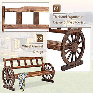 Kinsuite Fir Wooden Wagon Wheel Bench Rustic 2-Person Seat Bench with Backrest Outdoor Patio Furniture