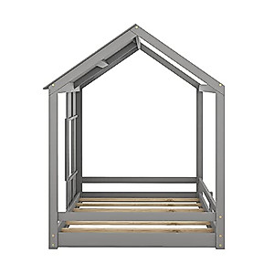 VilroCaz Playhouse Design Montessori Floor Bed Twin Size Kids Bed, Wood House Bed Tent Bed Platform Bed with Roof and Window for Kids Girls Boys, Strong Sturdy Wood Slats Support