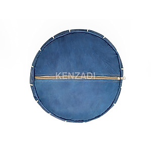 KENZADI Genuine Leather Ottoman Pouf Cover Hand Stitched in Marrakech by Moroccan Artisans, Footstool, UNSTUFFED (Blue Jean by White)