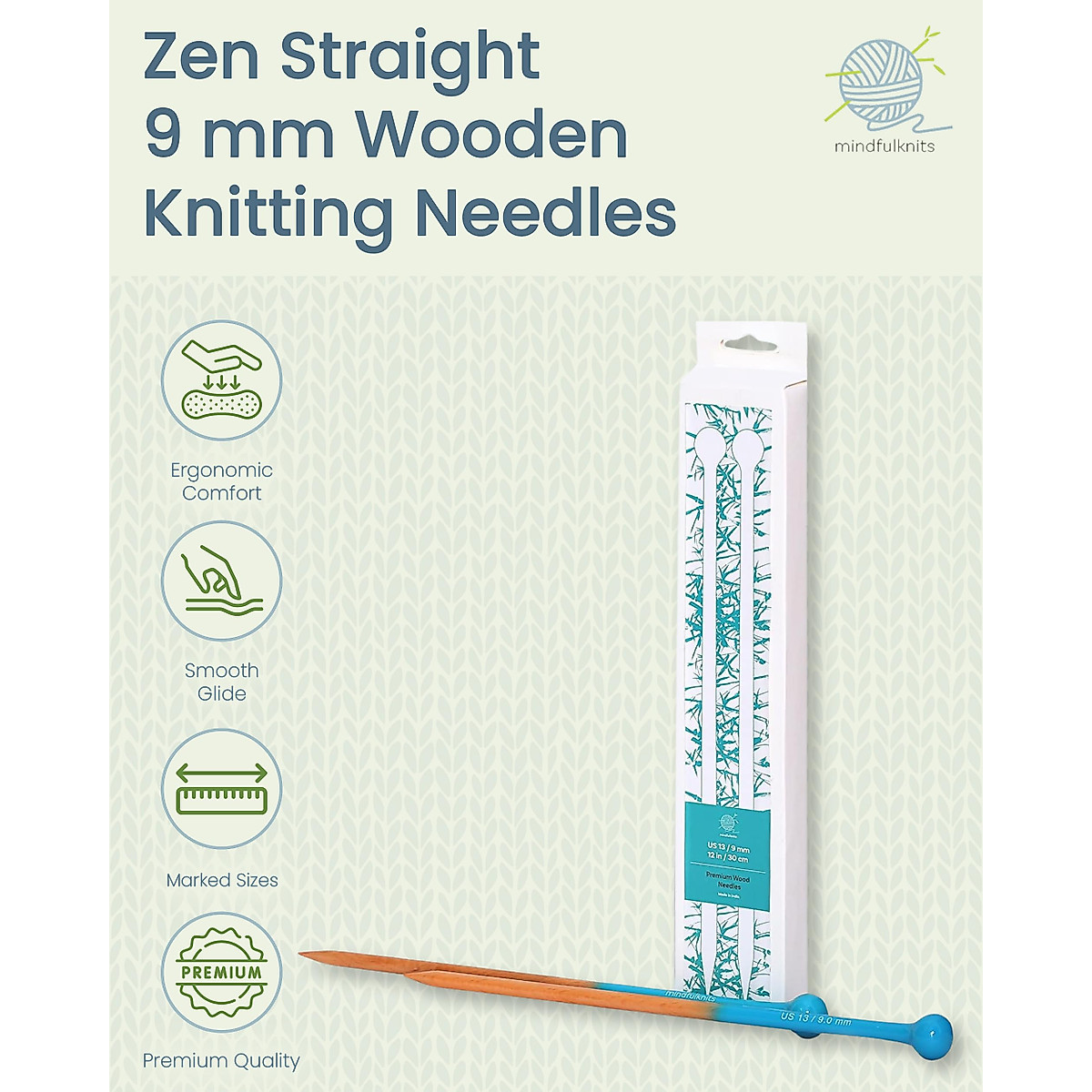 mindfulknits Premium Straight Single Pointed Beech Wood Knitting Needles – Size US 13, 9mm – 35cm Length – Knitting Supplies for Relaxation & Stress Relief (US 13, 9mm)