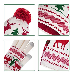 hoyuwak Knitted Hat Scarf Glove Set for Women, Pom Pom Beanie, Warm Gloves, Winter Scarf, Winter Set for Christmas Cold Weather Gift(White, Red)