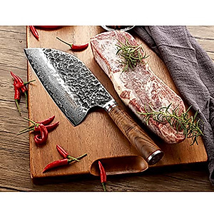 YOUSUNLONG Hybrid Cleaver Outdoor Heavy Duty Meat Cleaver 8 Inch Hammered Damascus Natural Walnut Wood Sheath with Leather