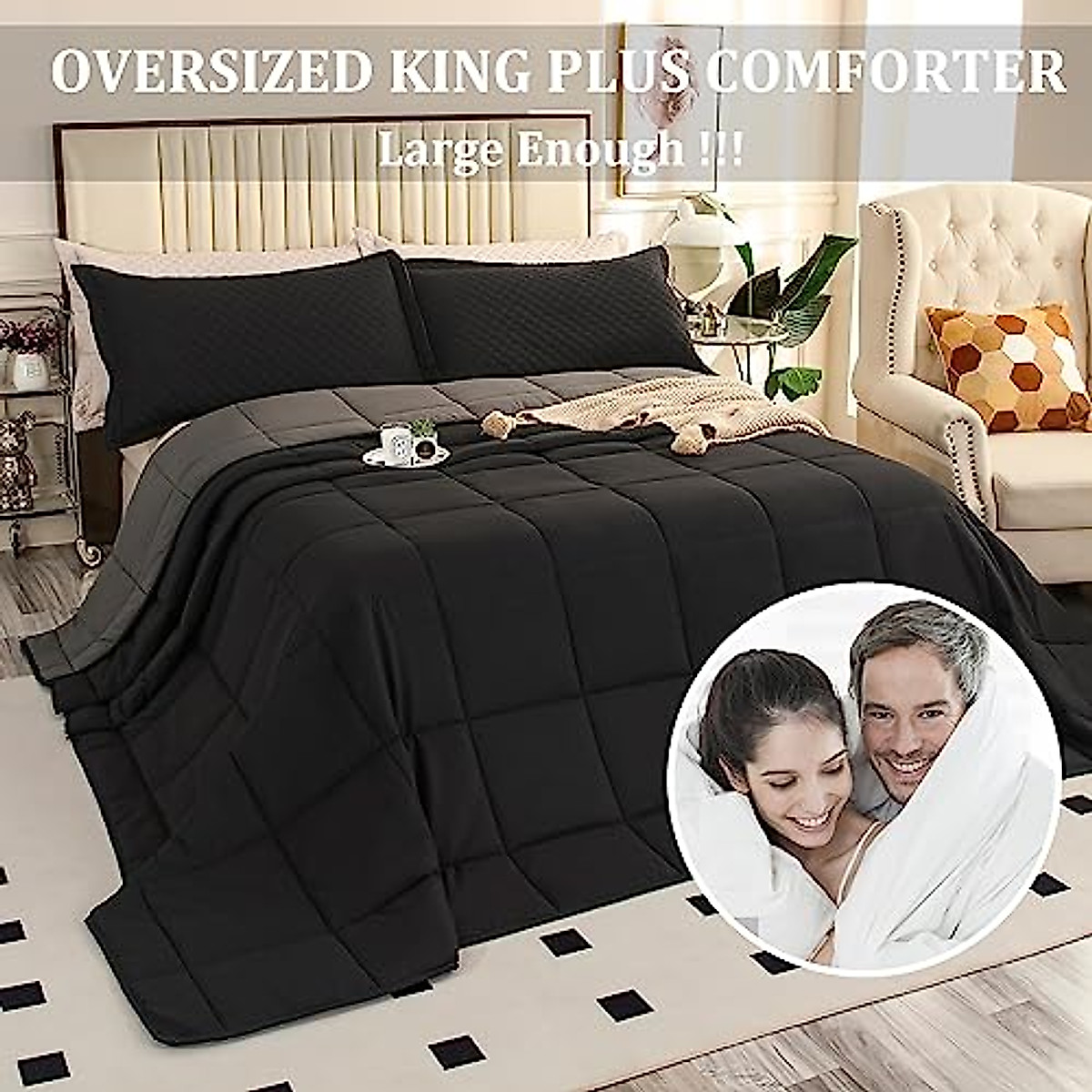 SOULOOOE Oversized California King Plus Comforter 120x120, Winter Warm Extra Large King Size Quilts 3 Pieces Lightweight Reversible Down Alternative Comforter for All Season with 8 Corner Tabs
