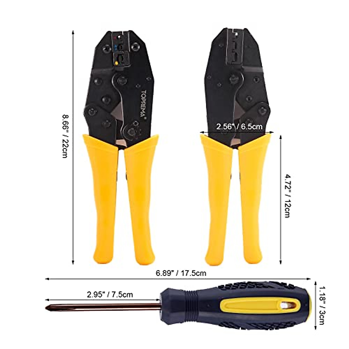 Toprema Ratchet Wire Crimping Tool Kit 5 Interchangeable Dies Set for Insulated Non-insulated Ferrules Terminals Electrical Connectors with Carry Bag