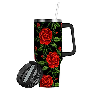 Yasala Car Tumbler with Handle Rose Leaves Travel Mug Coffee Cup Insulated Beverage Container Mega Cup for Hot Cold Drinking Thermos Water Bottle Cupholder Friendly 40 oz