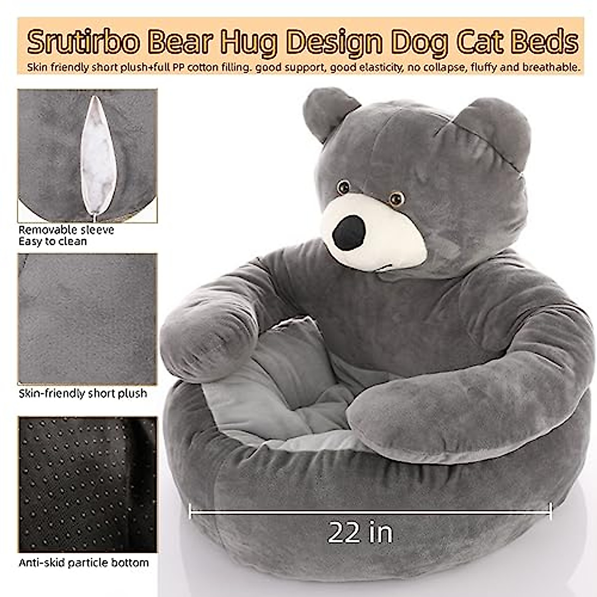 Cute Bear Hug Design Dog Cat Beds Plush Pet Beds Cuddler, Warm Soft Calming Dog Beds with Removable Washable Cover Non-Slip Bottom (Diameter 22 in, Grey)