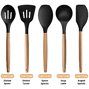 IOCBYHZ Silicone Cooking Utensils Set of 5, Heat Resistant Silicone Kitchen Utensils Set w Wooden Handle, BPA Free Silicone Spatula Spoon Turner Set Kitchen Gadgets Utensils Set for Nonstick Cookware