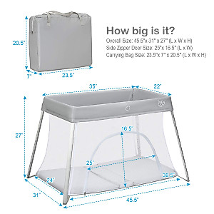 HONEY JOY Baby Travel Crib, Portable Pack and Play Travel Bassinet with Carry Bag, Lightweight Baby Playpen w/Washable Mattress, Side Zipper Door, Large Foldable Play-Yard for Infant Boy Girl (Sliver)
