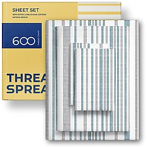 THREAD SPREAD 100% Cotton Printed Bed Sheets - 600 TC 4 Pc Blue & Grey Dotted Full Striped Sheet Set - Hotel Luxury Sateen Bedsheets - Deep Pockets - Breathable & Cooling Sheets for Full Size Bed