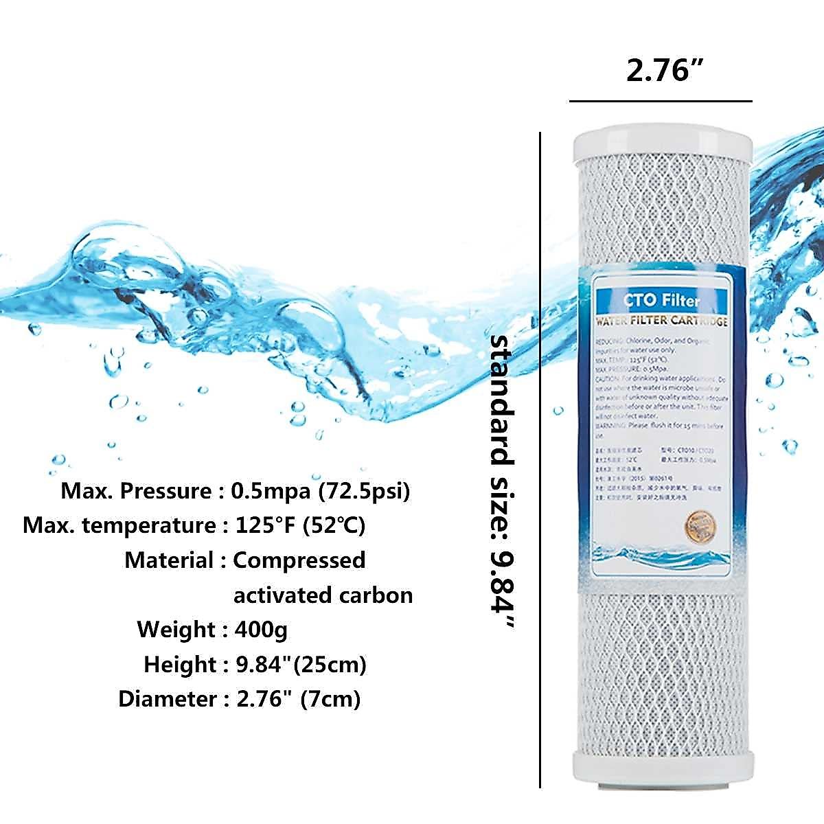 CTO Carbon Block Filters 10" x 2.5" Activated Carbon Block Carbon Filter (5 Micron) Compatible with Most 10" Standard Whole House Water Filtration Systems Under Sink
