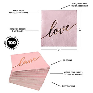 Andaz Press Pink with Rose Gold Scripted Love Saying Cocktail Napkins, Bulk 100-Pack Count 3-Ply Disposable Fun Beverage Napkins for Wedding, Bridal Shower, Bachelorette, Baby Shower, Valentine's Day
