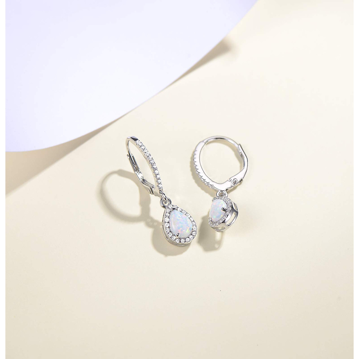 FANCIME Opal Earrings October Birthstone Earrings Sterling Silver Created Fire Opal Halo Cubic Zirconia Leverback French Back Teardrop Earrings Fine Jewelry for Women