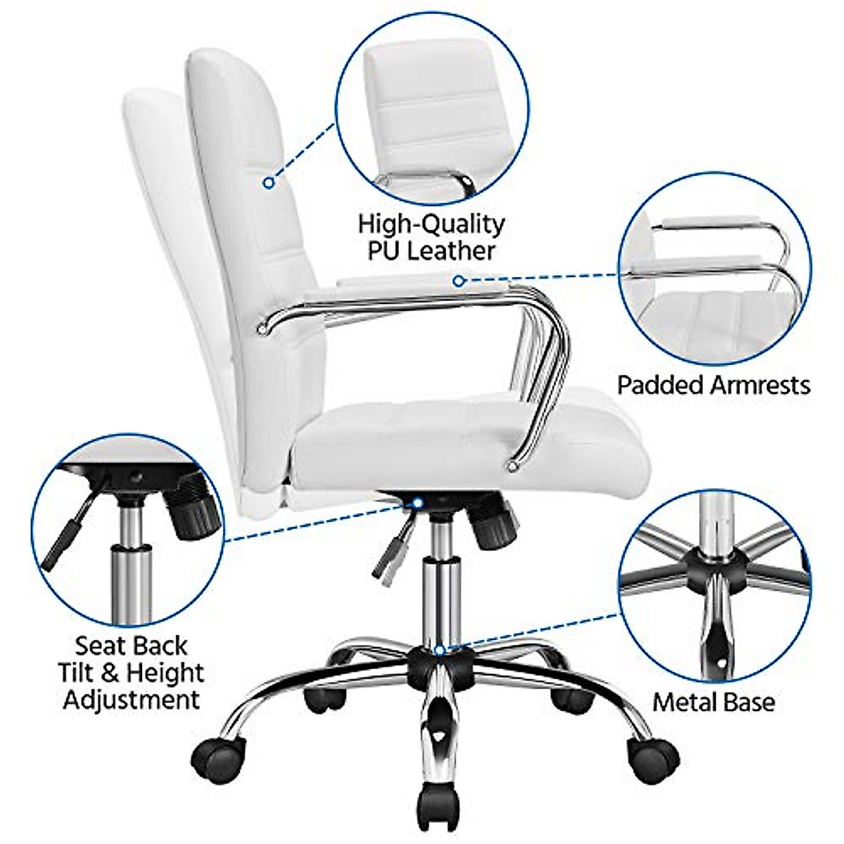 Yaheetech Mid-Back Office Chair with Arms 360° Swivel PU Leather Height Adjustable Office Executive Chair, White