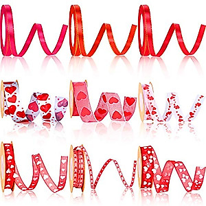 9 Rolls Valentine's Day Ribbons Printed Heart Ribbons Polyester Satin Ribbon Sheer Organza Ribbon Roll Craft Satin Ribbons Wrapping Ribbons with Gold Edge for Valentine's Day Wrapping Wedding Decor