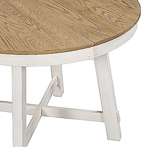 P PURLOVE Round Dining Table, Farmhouse Round Extendable Dining Table with 16" Leaf Wood Kitchen Table (Oak Natural Wood and Antique White)