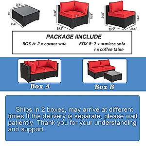 Shintenchi 5 Pieces Outdoor Patio Sectional Sofa Couch, Black PE Wicker Furniture Sets, Patio Conversation Sets with Washable Cushions Glass Coffee Table for Garden, Poolside, Backyard,Red