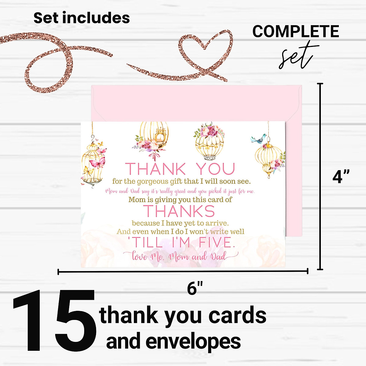 Fancy Floral Baby Shower Thank You Cards with Envelopes Blank Notes Prefilled Message Girls Personalize for Registry Gifts Pink Butterfly and Floral Notecard Set 4x6 Stationery, 15 Pack