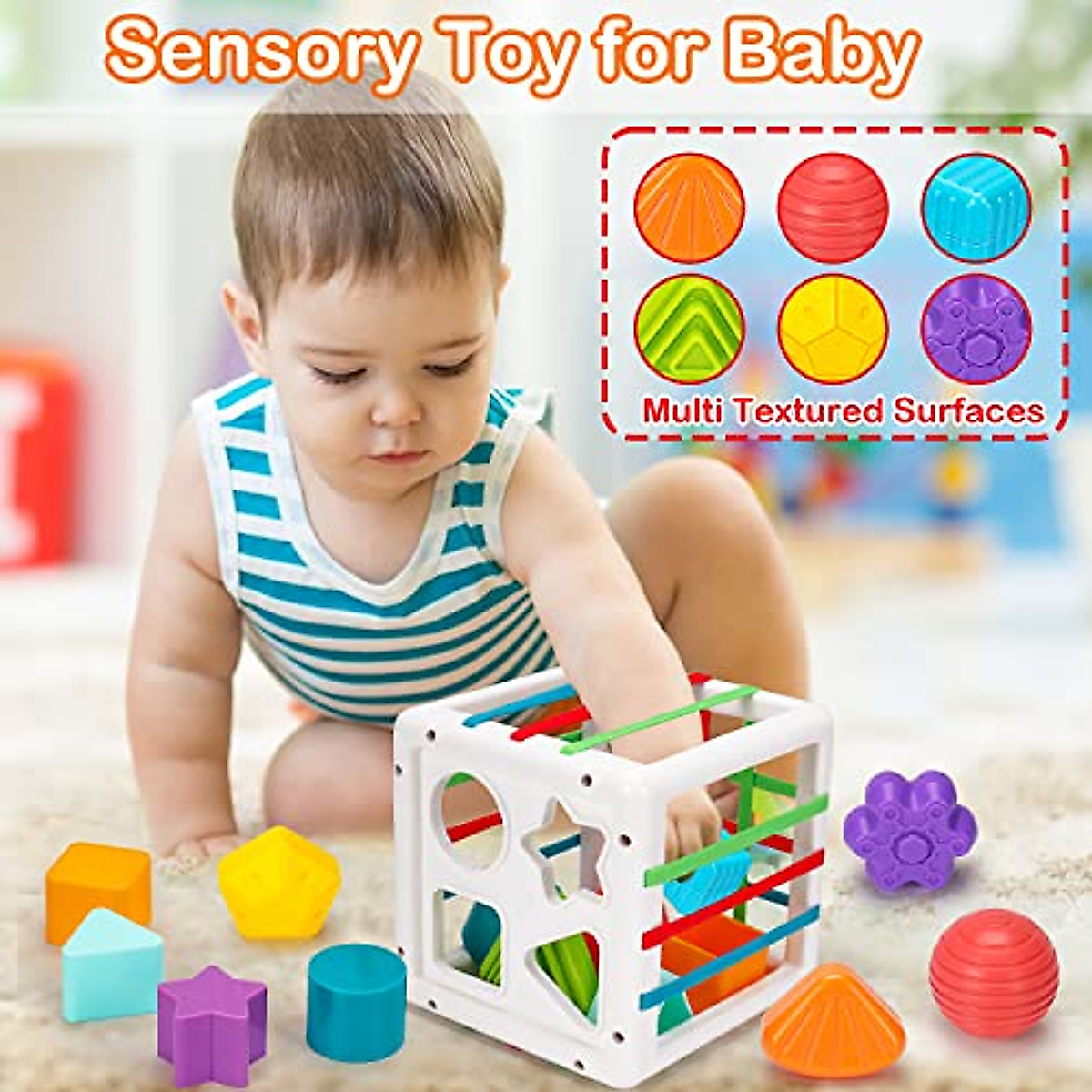 4 In 1 Baby Sensory Toys 6-12-18 Months, Montessori Pull String Infant Teething Toy 6 8 9 10 12 M+ Stacking Building Block Sensory Shape Bin Baby Learning Toys 3-6 Months Toddler Age 1-3 Girl Boy Gift