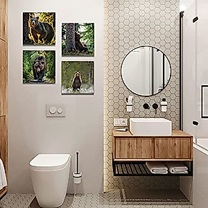 OTOSTAR 4 Pieces Wall Art Canvas Prints - Forest and Bear Picture Painting - Modern Wall Artwork Framed for Gifts Bathroom Home Kitchen Office Decor - 12 x 12 Inch