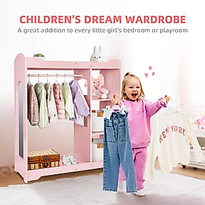 OOOK Kids Clothing Rack and Armoire with Mirror, Appropriate Height Kids Dress up Storage with Anti-tip Device, Helping Children Manage Own Clothes, Nice Dressers for Kids Room, Nursery