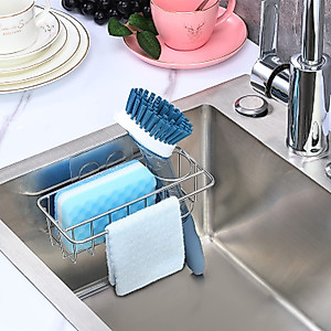 DOLRIS Sponge Holder for Kitchen Sink, Sink Caddy, 3 in 1 Adhesive Sponge Holder + Brush Holder + Dish Cloth Hanger, SUS304 Stainless Steel Rustproof, No Drilling, Silver