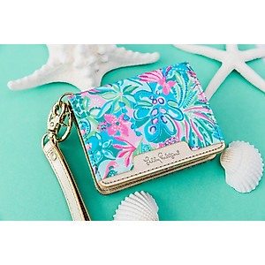 Lilly Pulitzer Snap ID Card Case, Cute Blue Keychain Wallet, Slim Credit Card Holder with Wristlet Strap, Golden Hour