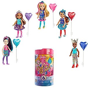 Barbie Chelsea Color Reveal Doll with 6 Surprises: 4 Bags Contain Skirt or Pants, Shoes, Tiara & Balloon Accessory; Water Reveals Confetti-Print Doll's Look & Color Change on Hair; Gift for 3Y+