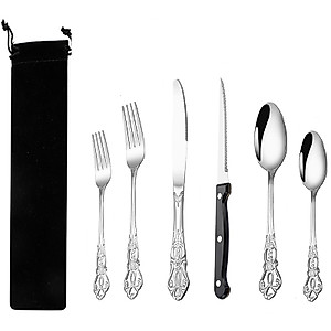 Gorgeous Retro Royal Silverware Set with Steak Knives & Case,Stainless Steel Cutlery Flatware Set,Vintage Carved Travel Utensils Include Forks Spoons Knives, Reusable Portable Camping Dishwasher Safe