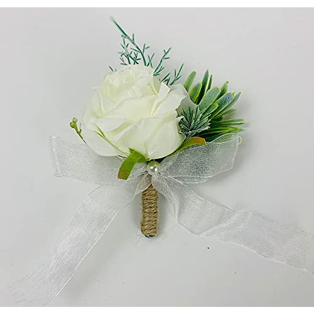 Set of 2 Rose Boutonnieres and Rose Wrist Corsage Men Boutonniere Set Woman White Rose Wrist Corsage Wristlet Band Bracelet for Wedding Suit Decorations (Boutonnieres)