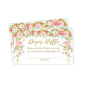 Your Main Event Prints Watercolor Floral Girl Baby Shower Diaper Raffle Card, Baby Girl Diaper Raffle Ticket, 50 Count
