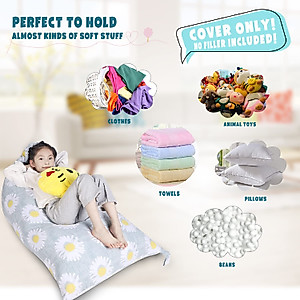 LOLOMLO Stuffed Animal Storage Bean Bag Chair Cover, Canvas Daisy Plush Toy Storage Stuff and Sit Seat for Kids/Teens/Adults, 52" x 31" Extra Large Triangle Floor Sofa Lounger, 200L/52Gal, Cover Only