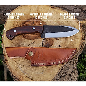 High Carbon Steel Knife - Handmade Full Tang Bushcraft Knife - Hunting Knife, Survival Knife, Fixed Blade Knife & Camping Knife - Camping Knives & Hunting Knives with Rosewood Handle & leather Sheath