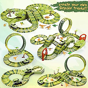 Dinosaur Race Car Track Toys, 400 pcs Create Dinosaur World Road Race, Flexible Tracks with 360 Loop and Auto Turntable Playset, 2 Cars, 2 Dinosaur Head, Gift for Kids Ages 3 4 5 6 Year Old Boys Girls