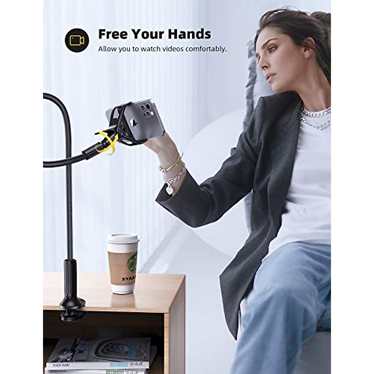 Lamicall Gooseneck Phone Holder for Bed - Overall Length 38.6in, Flexible Leather Wrapped Arm, 360 Adjustable Clamp Clip, Overhead Cell Phone Mount Stand for Desk, Compatible with All Cellphone (4-7”)
